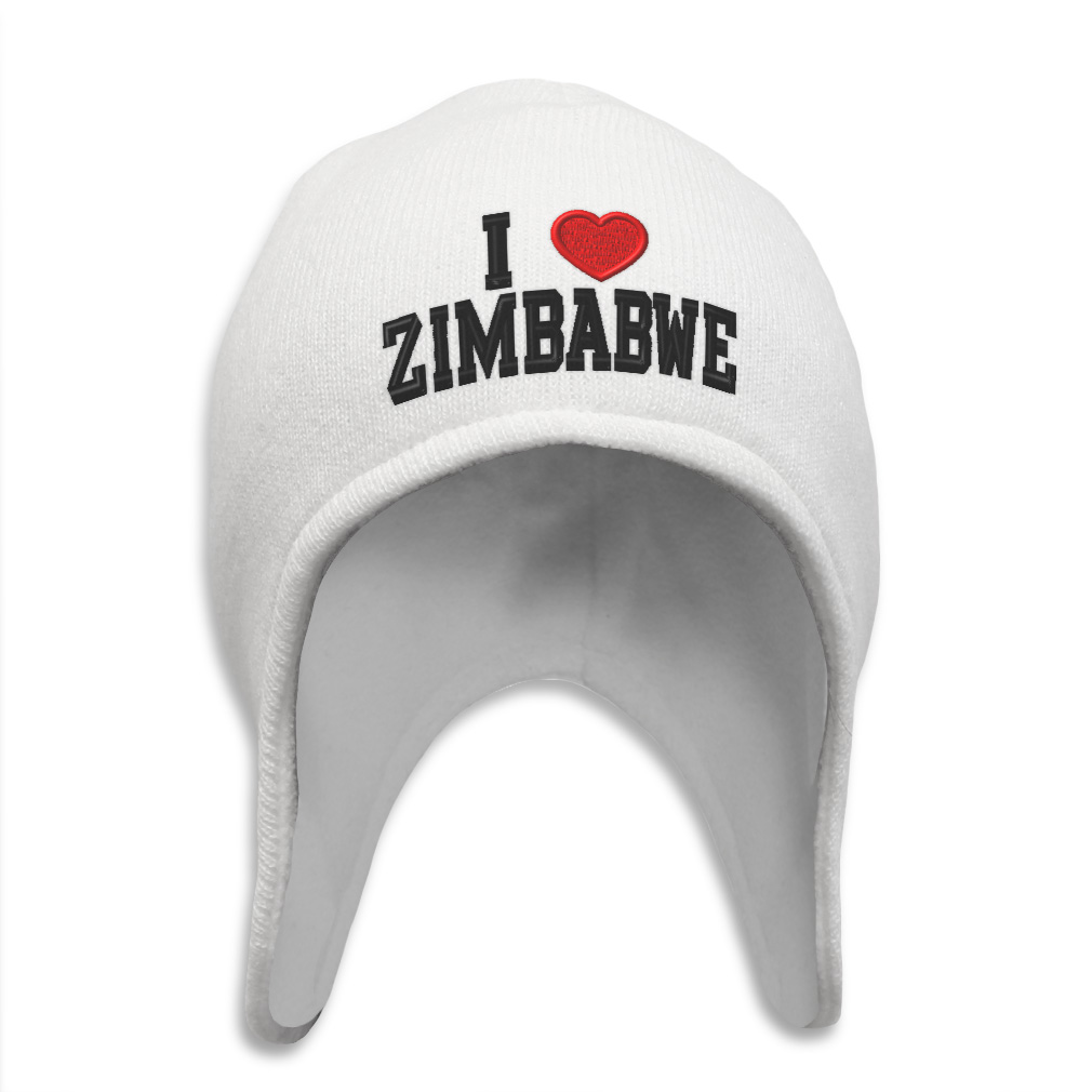 Ear Flap Beanie for Men & Women I Love Zimbabwe Acrylic Skull Cap ...